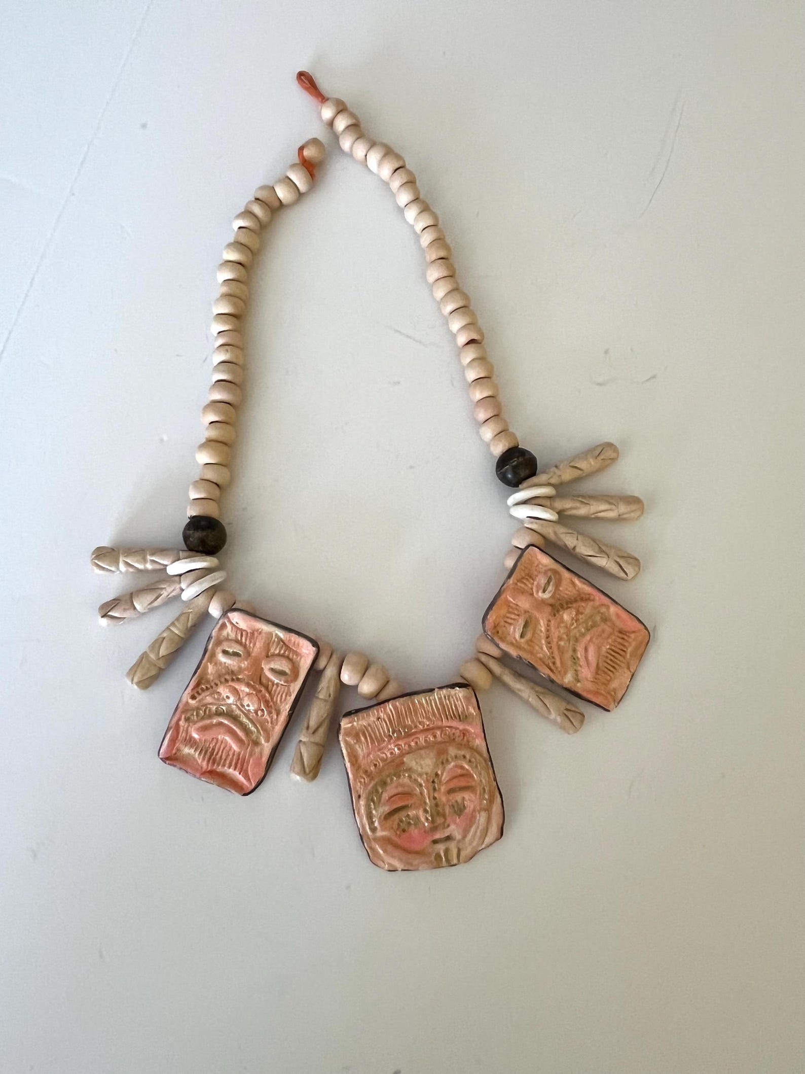 Vintage Clay Necklace Hand Made Chunky Faces Masks Peachy Orange Green ...
