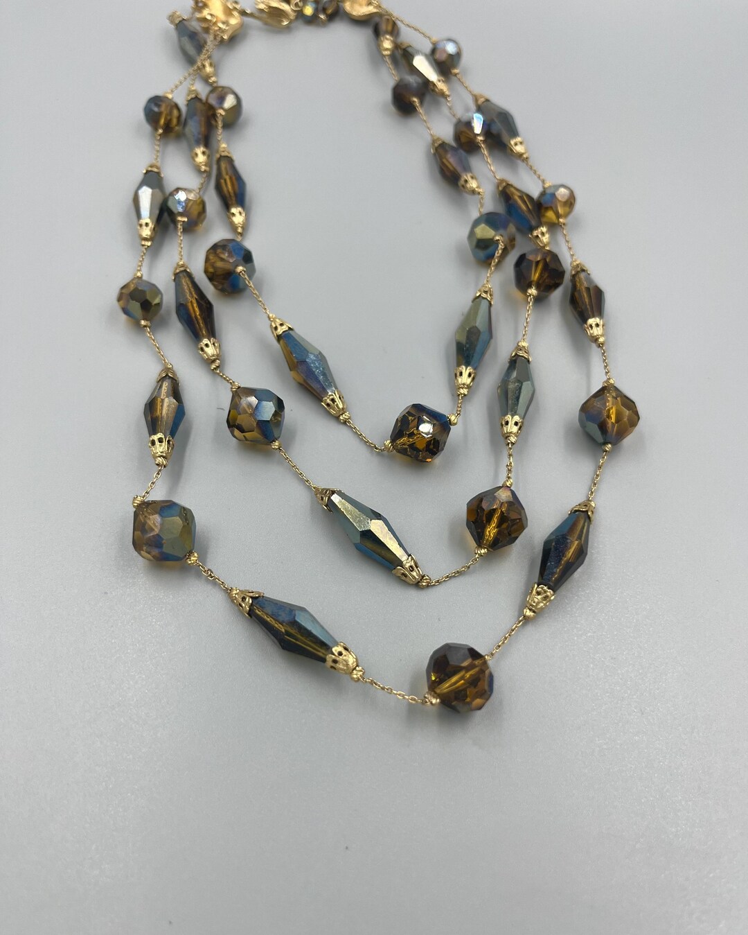 Vendome Necklace Bib 3 Tier Iridescent Glass Topaz Colors Aurora ...
