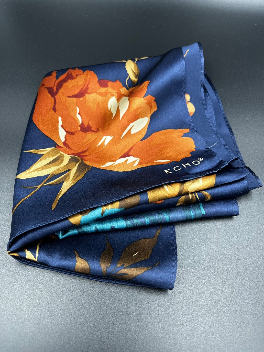 Echo Silk Scarf Deep Midnight Blue Florals Red Caramel Rich Luxurious ...