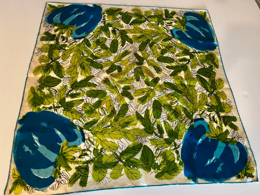 Vera Ladybug Silk Scarf Classic Square Blues Green Floral Leaves Hand ...