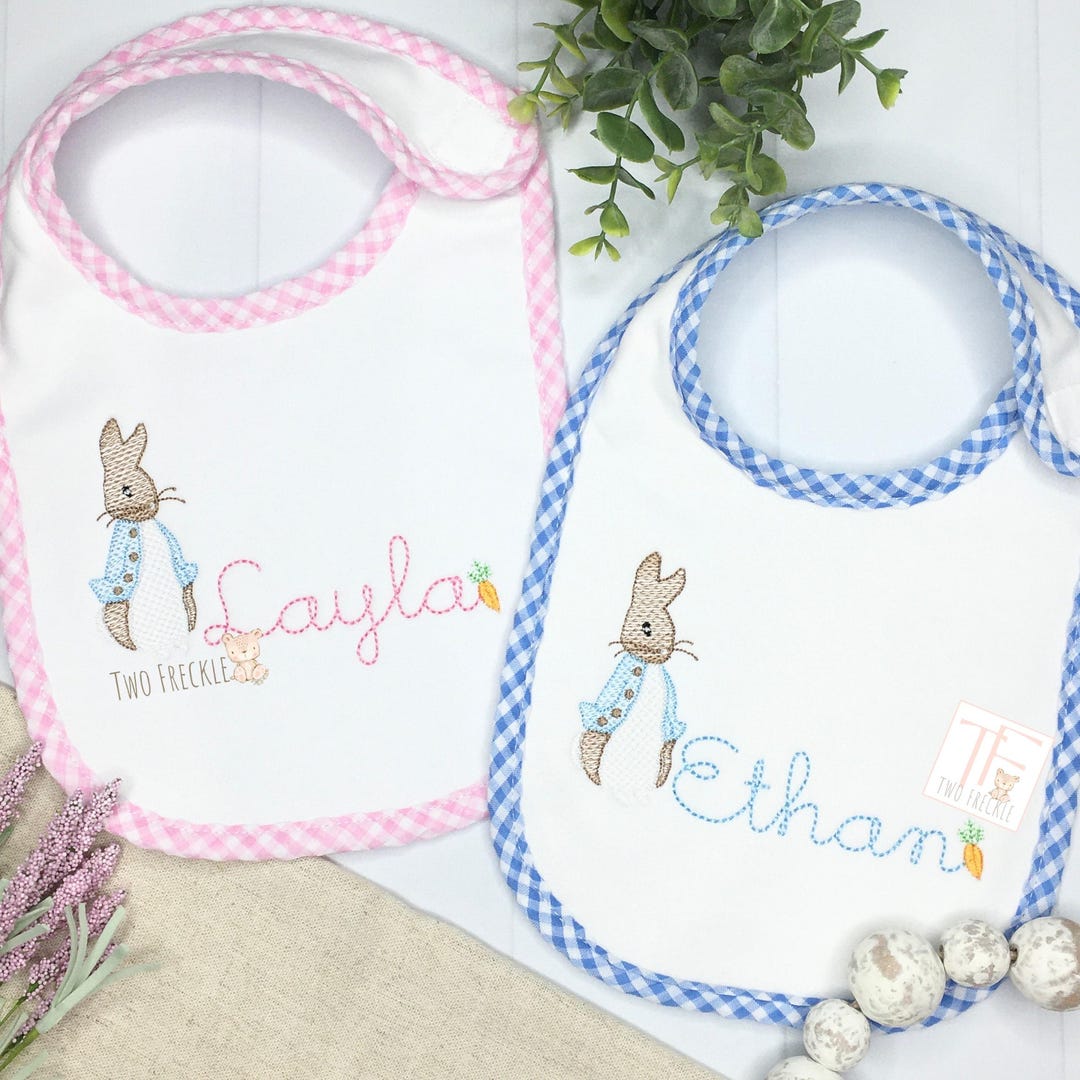 Personalized Rabbit Bib, Gingham Embroidered Rabbit Bib, Bunny Bib ...