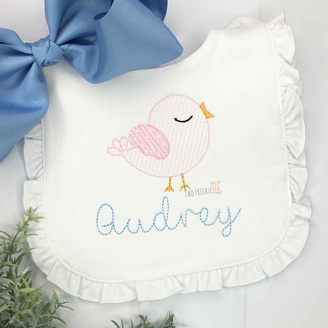 Personalized Baby Bird Bib, Embroidered Bird Ruffle Bib or Burp Cloth ...