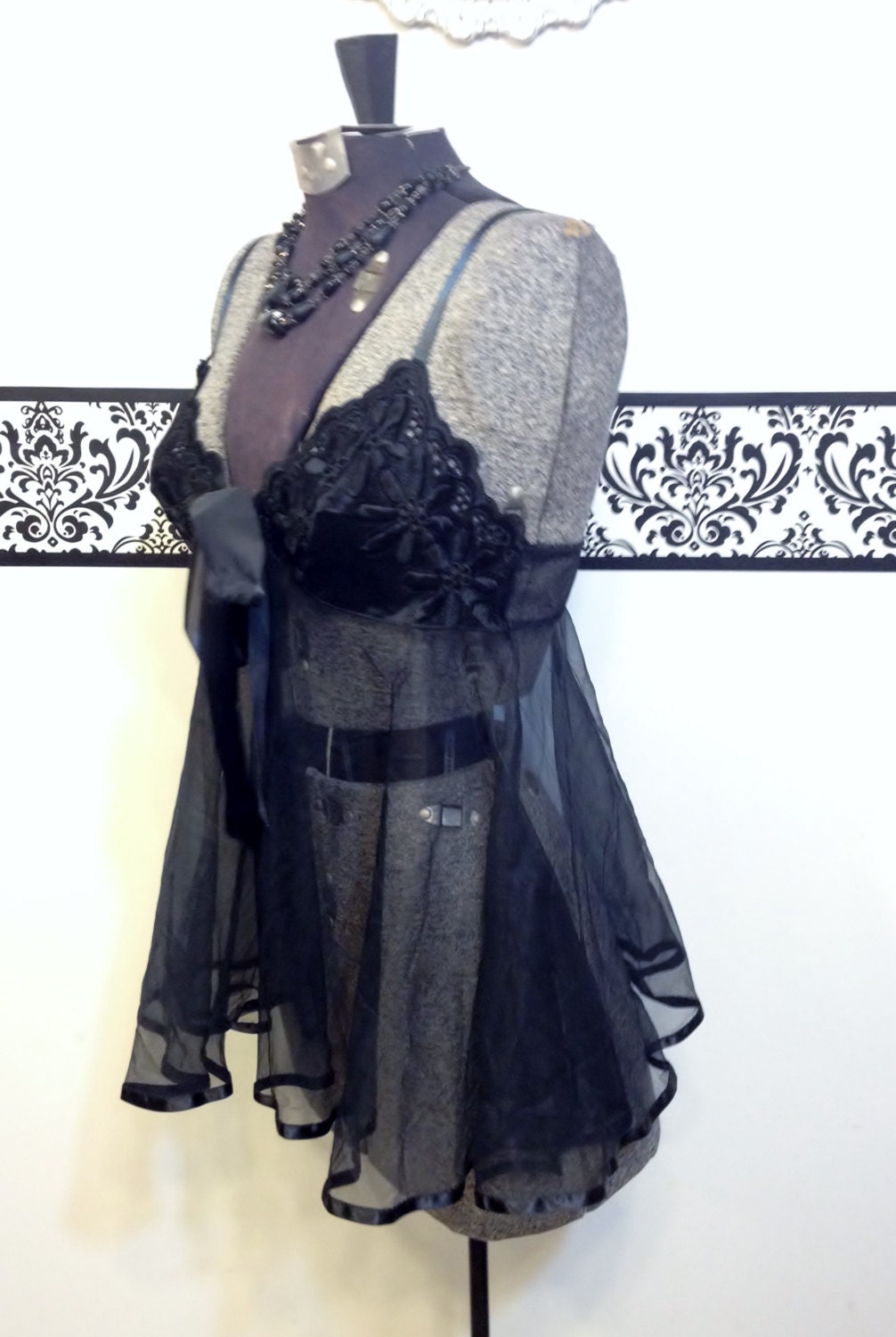 1990's Black Chiffon and Lace Pin up Babydoll Negligee | Etsy