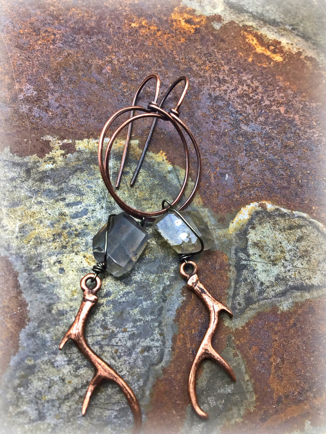 Copper Rustic Hoop Earrings With Labradorite and Copper Antler, Rustic ...
