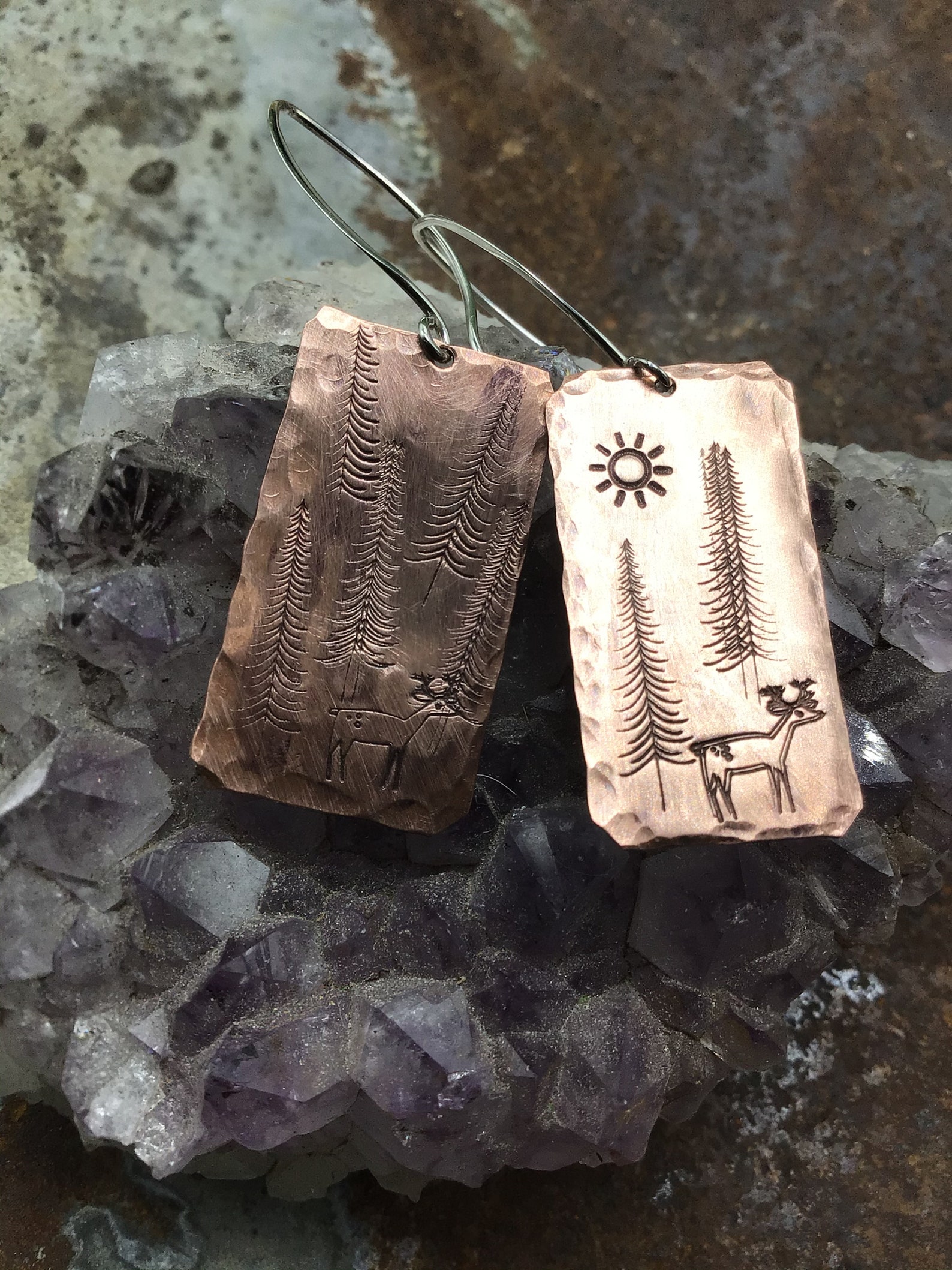 Deer in the Forest Rustic Copper Earrings With Long Sterling - Etsy
