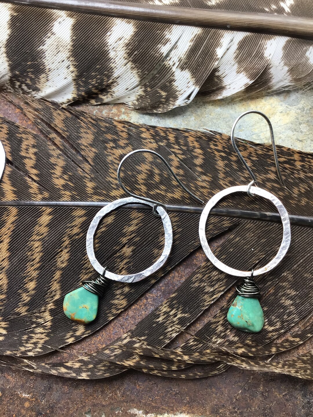Small rustic hoops with genuine turquoise teardrops, sterling hammered ...
