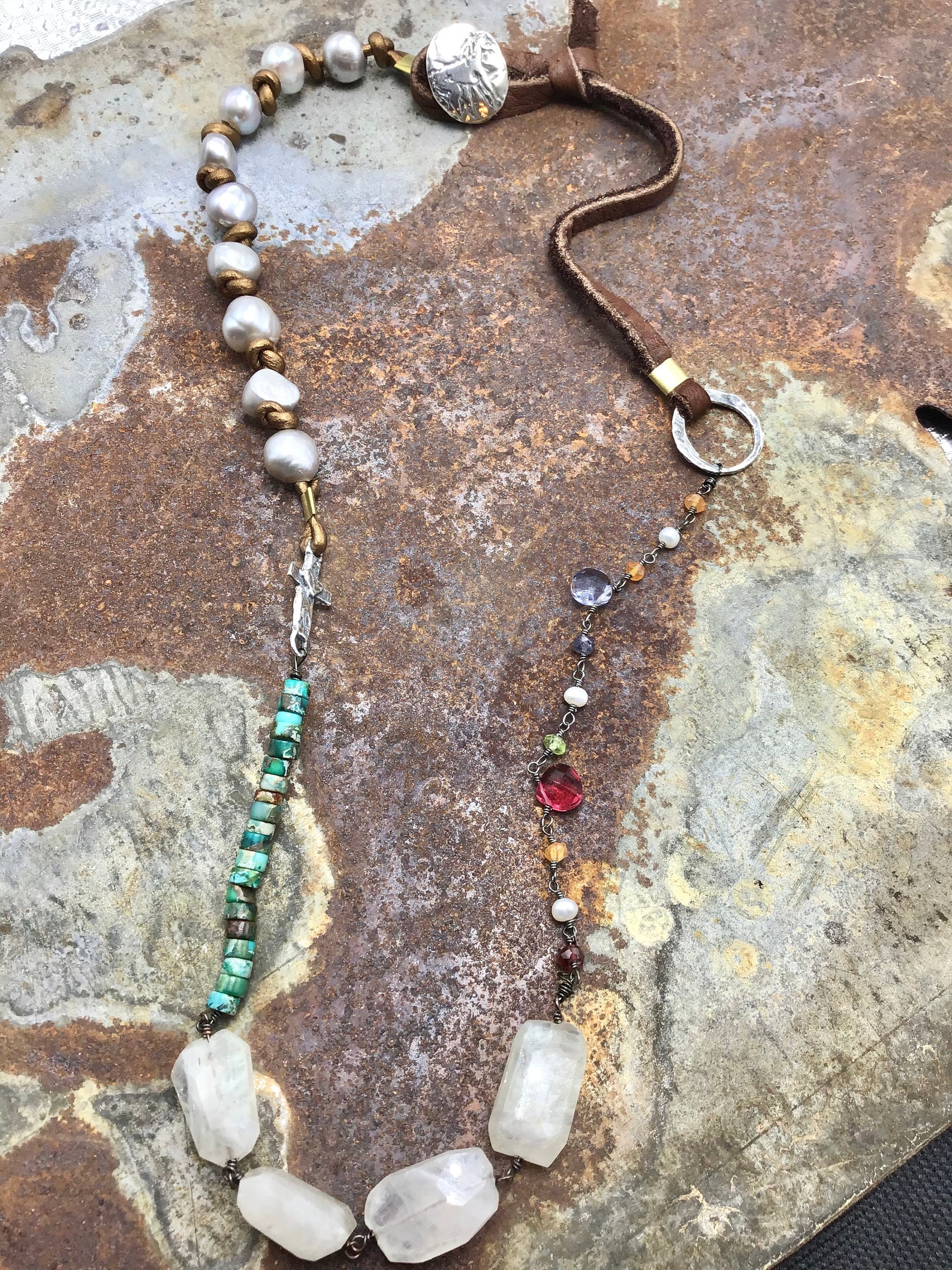 Made to Order Summer Fun Necklace Leather Pearls Gemstones - Etsy