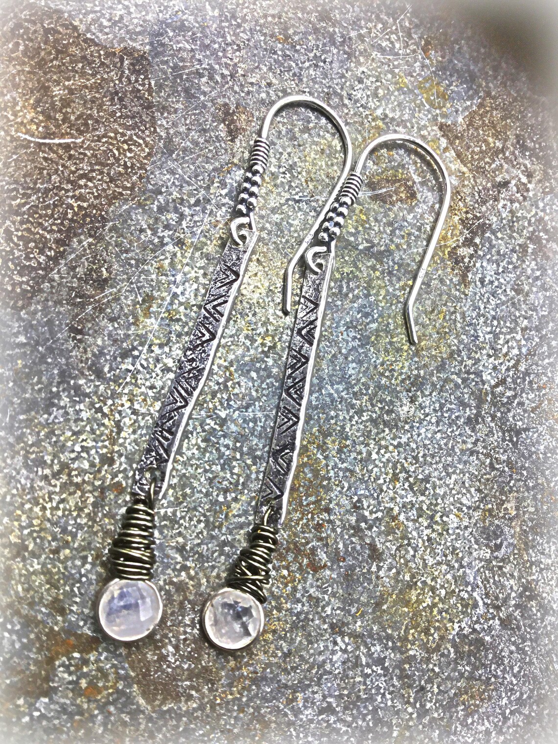 Long Sterling Bars Patterned With Wire Wrapped Moonstone Dangles ...