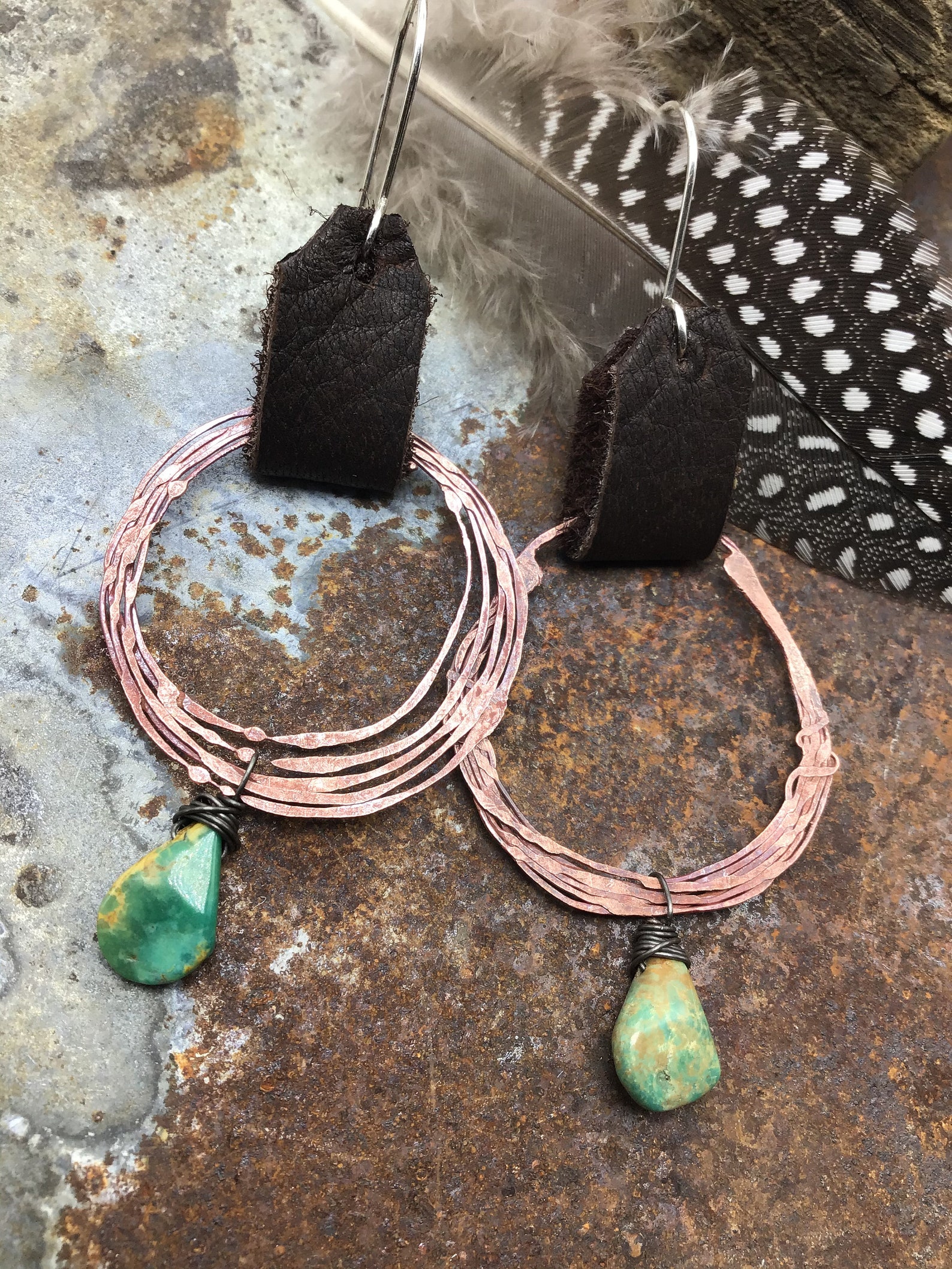 Fun and funky leather and copper hammered hoops with a wire | Etsy