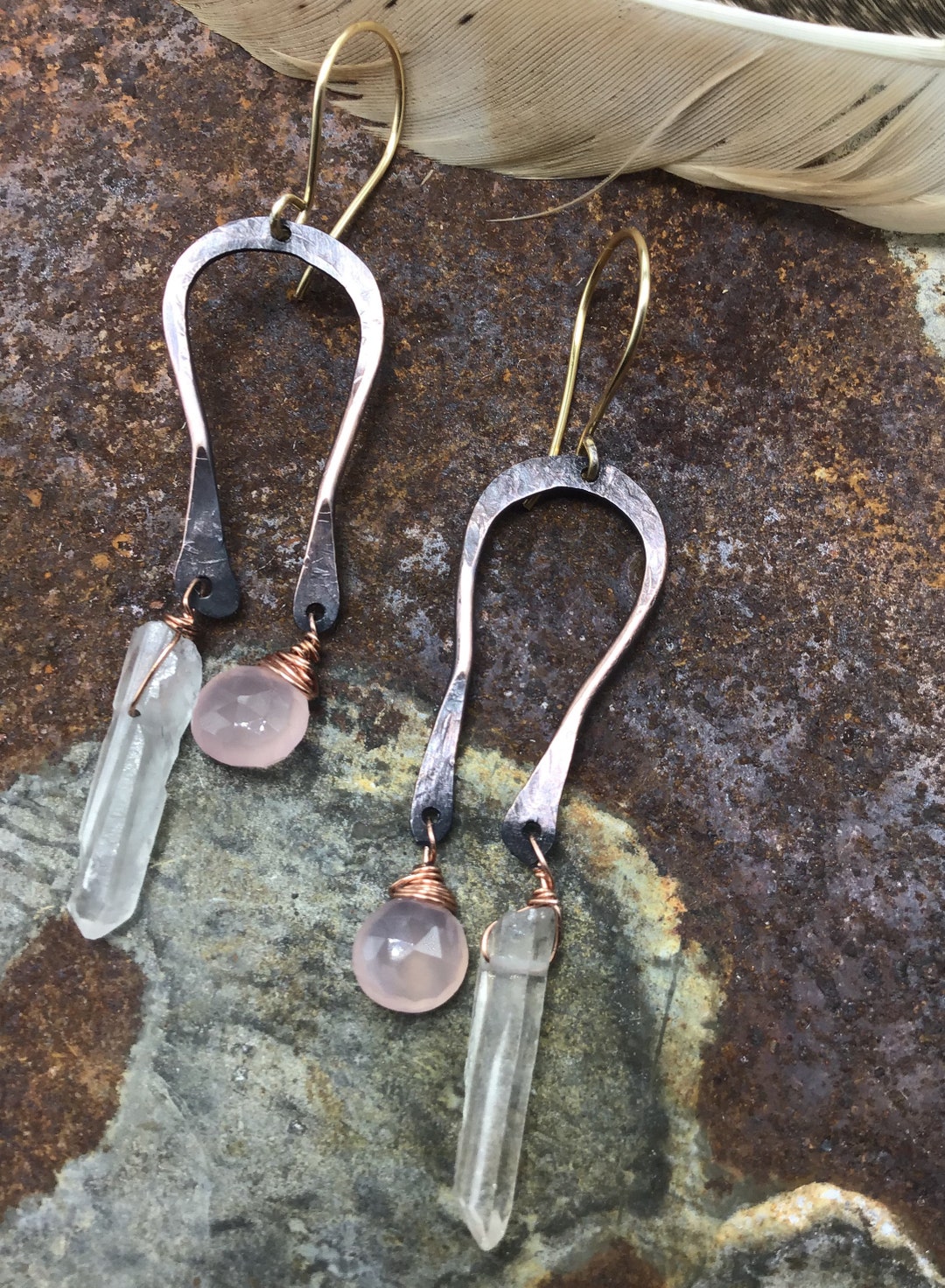 Copper Arches With Pink Chalcedony and Raw Quartz With Bronze - Etsy