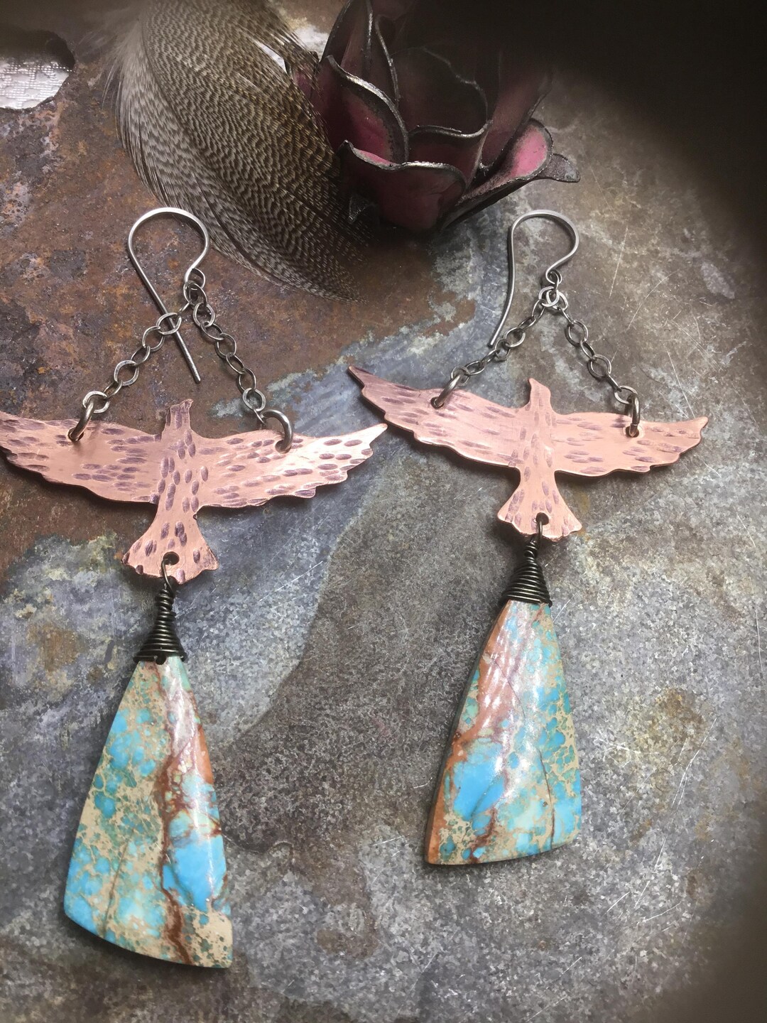 Raven in Flight Earrings With Turquoise Imperial Jasper - Etsy