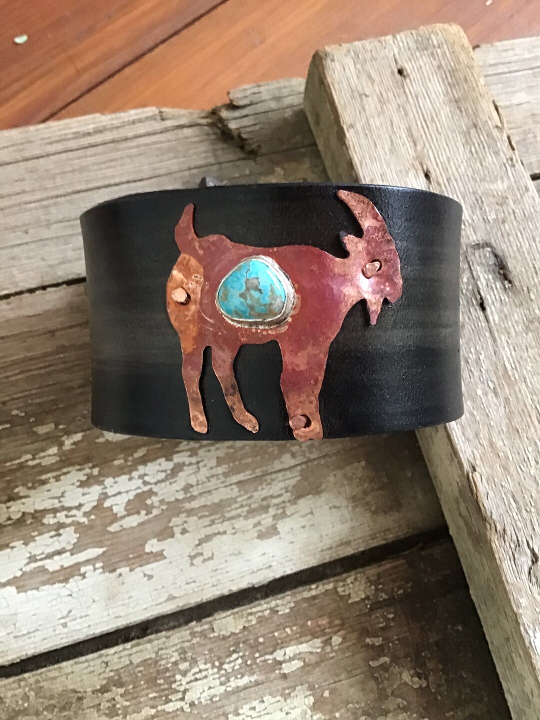 Goat Cuff,artisan on Leather With Turquoise Stone Distressed,billy Goat ...