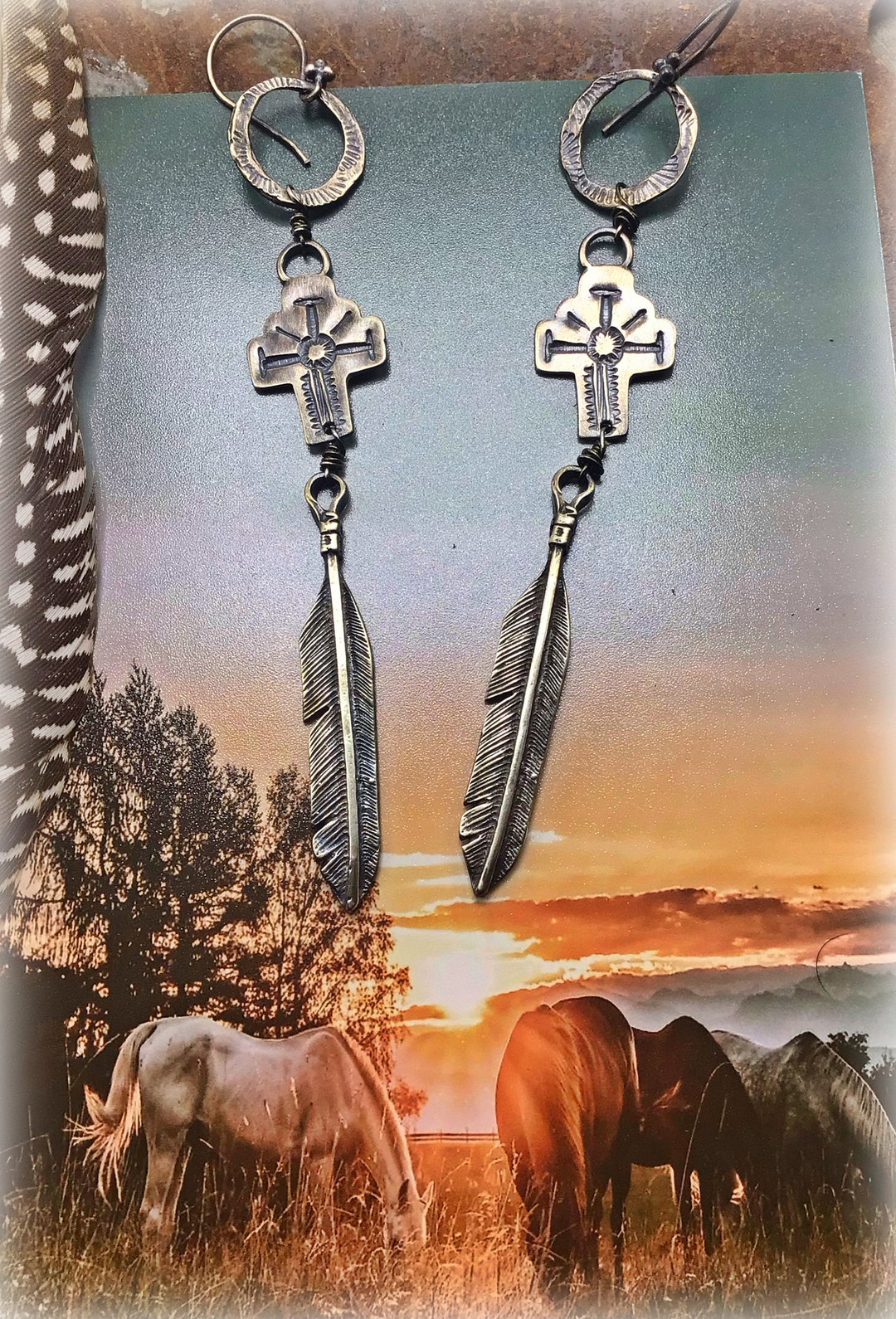 Long Sterling Shoulder Duster Hoops With Primitive Cross and Feathers ...