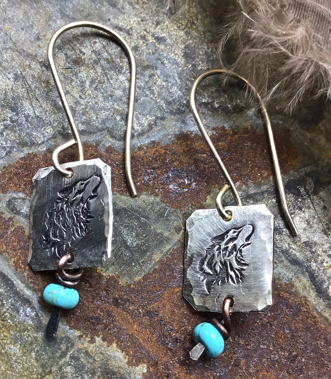 Very Small Dainty Wolf Howling Sterling Drop Earrings With Turquoise ...