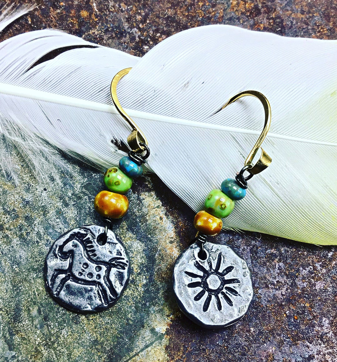 Very Small Little Primitive Pony and Sun Earrings With Fun Cheery ...