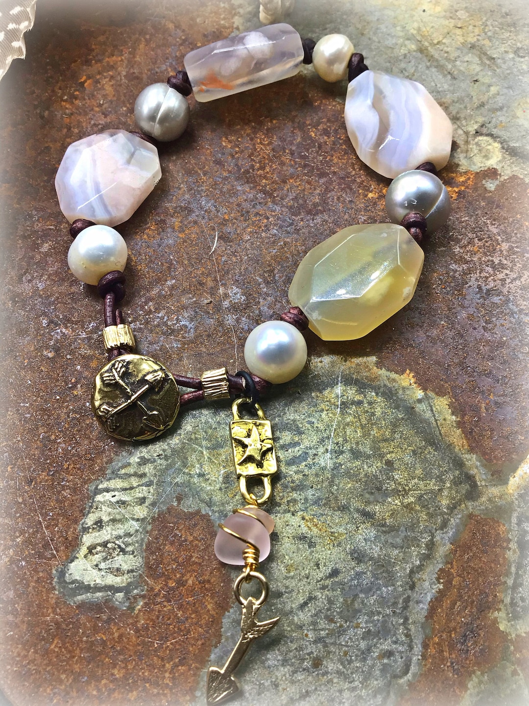 Peaches and Cream Agate, Pearl, and Leather Knotted Bracelet With ...