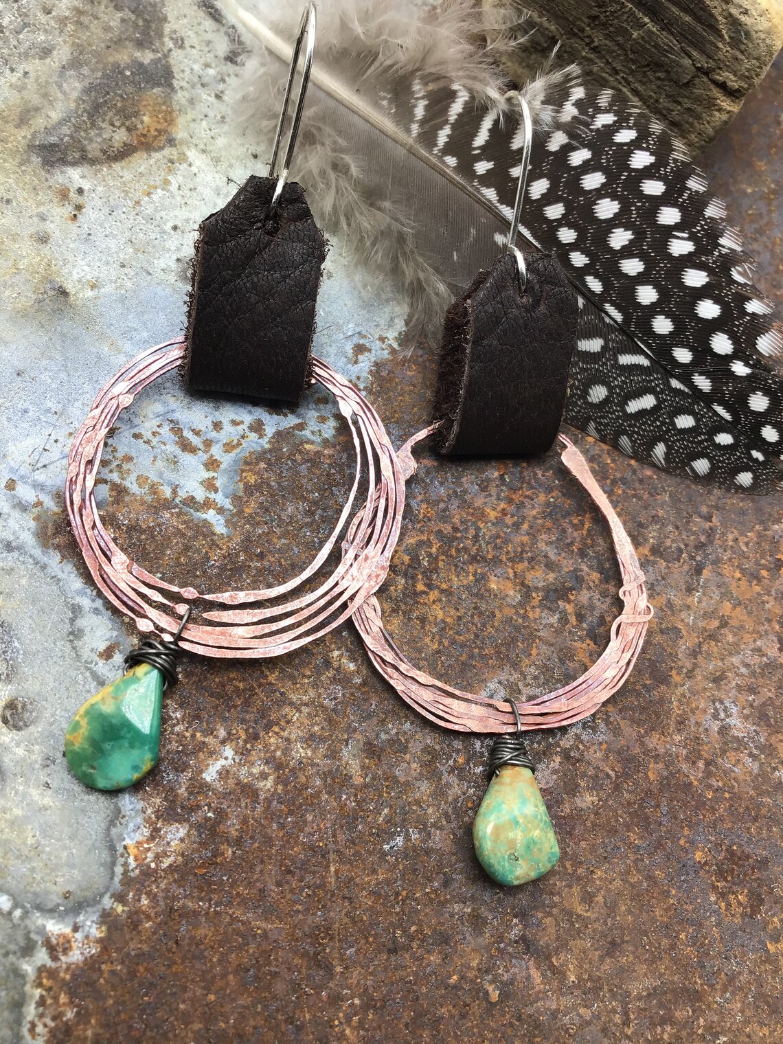 Fun and funky leather and copper hammered hoops with a wire | Etsy