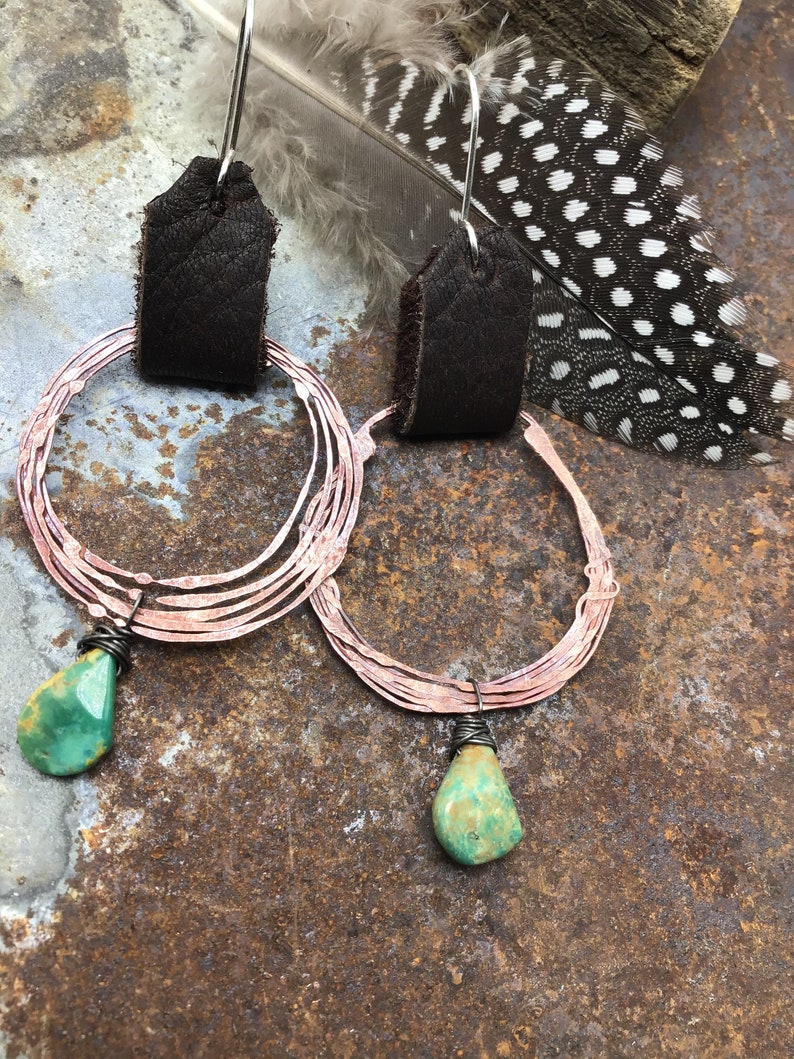 Fun and Funky Leather and Copper Hammered Hoops With a Wire - Etsy