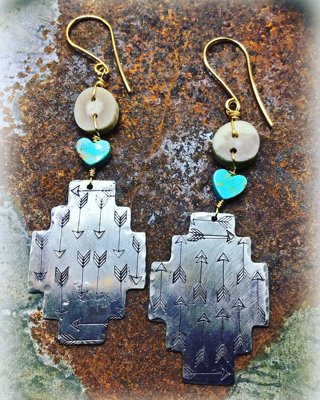 Arrow Stamped Aztec Patterns Floating on Nickel Silver With Bronze ...