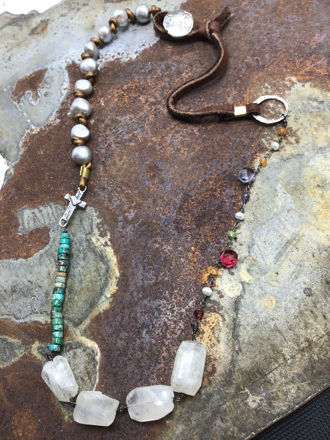 Made to Order Summer Fun Necklace Leather Pearls Gemstones - Etsy