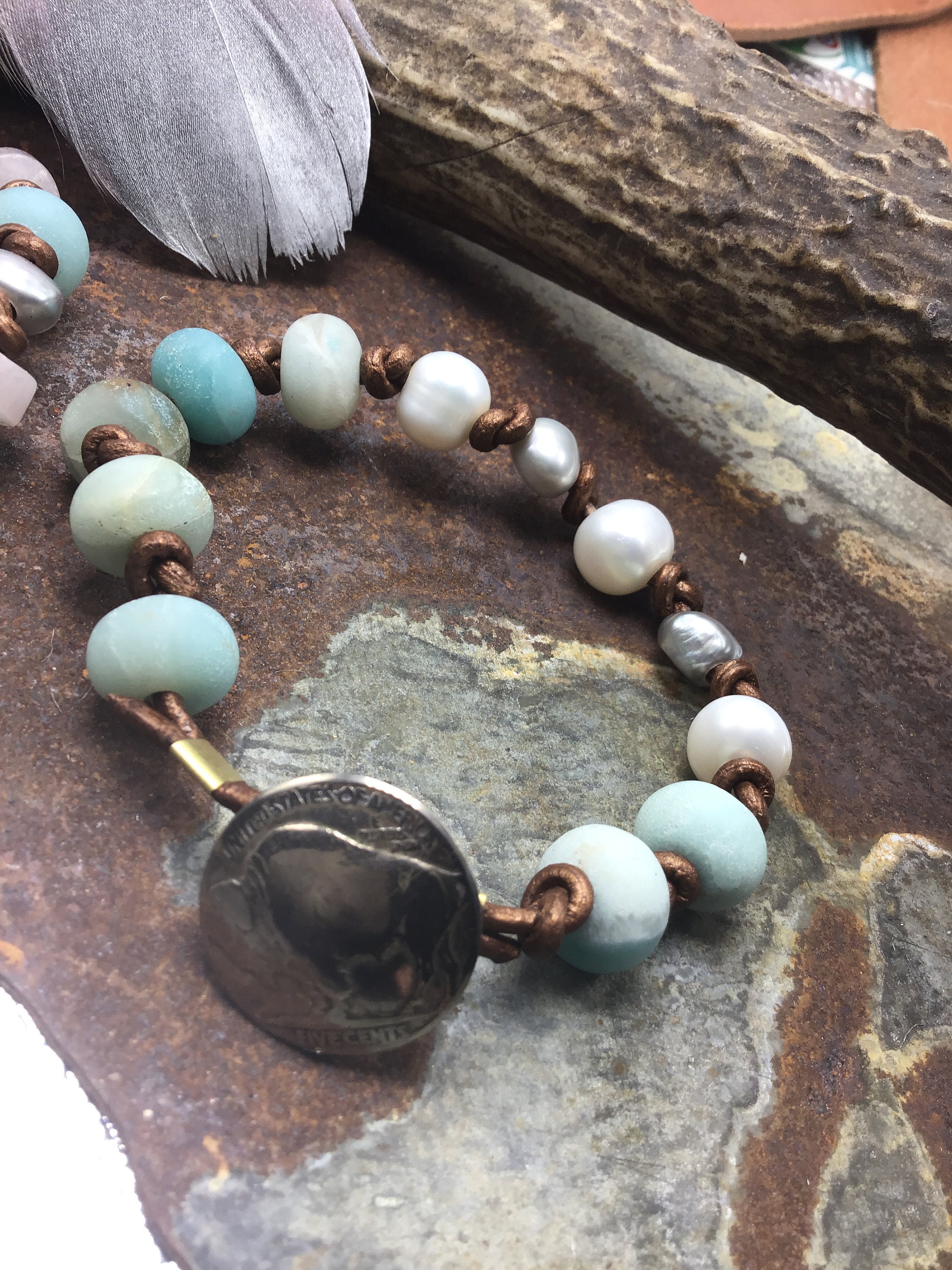 Spring fling pearl and leather bracelet with rose quartz,amazonite ...