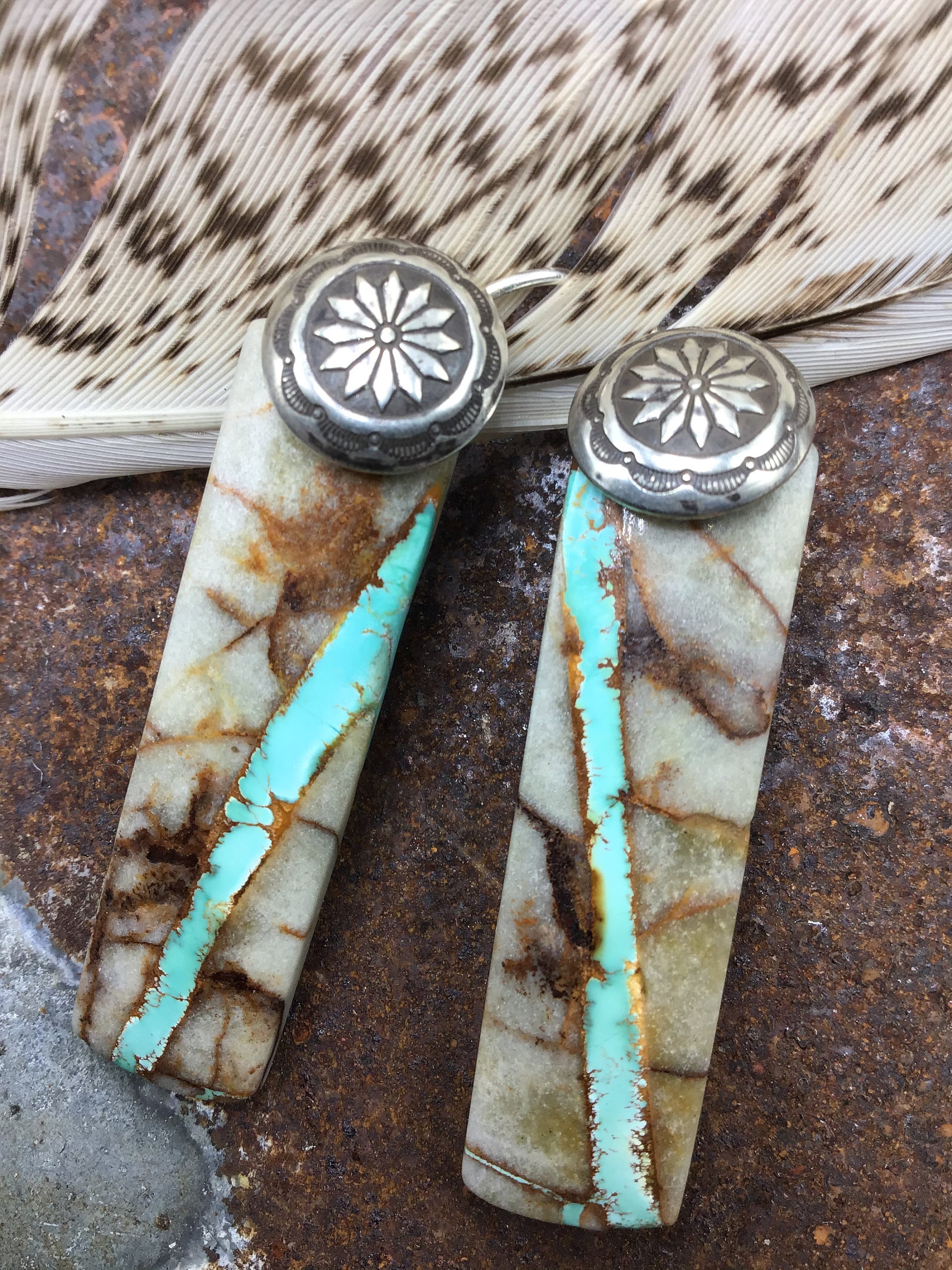 Royston ribbon turquoise cut slab earrings with western style concho ...