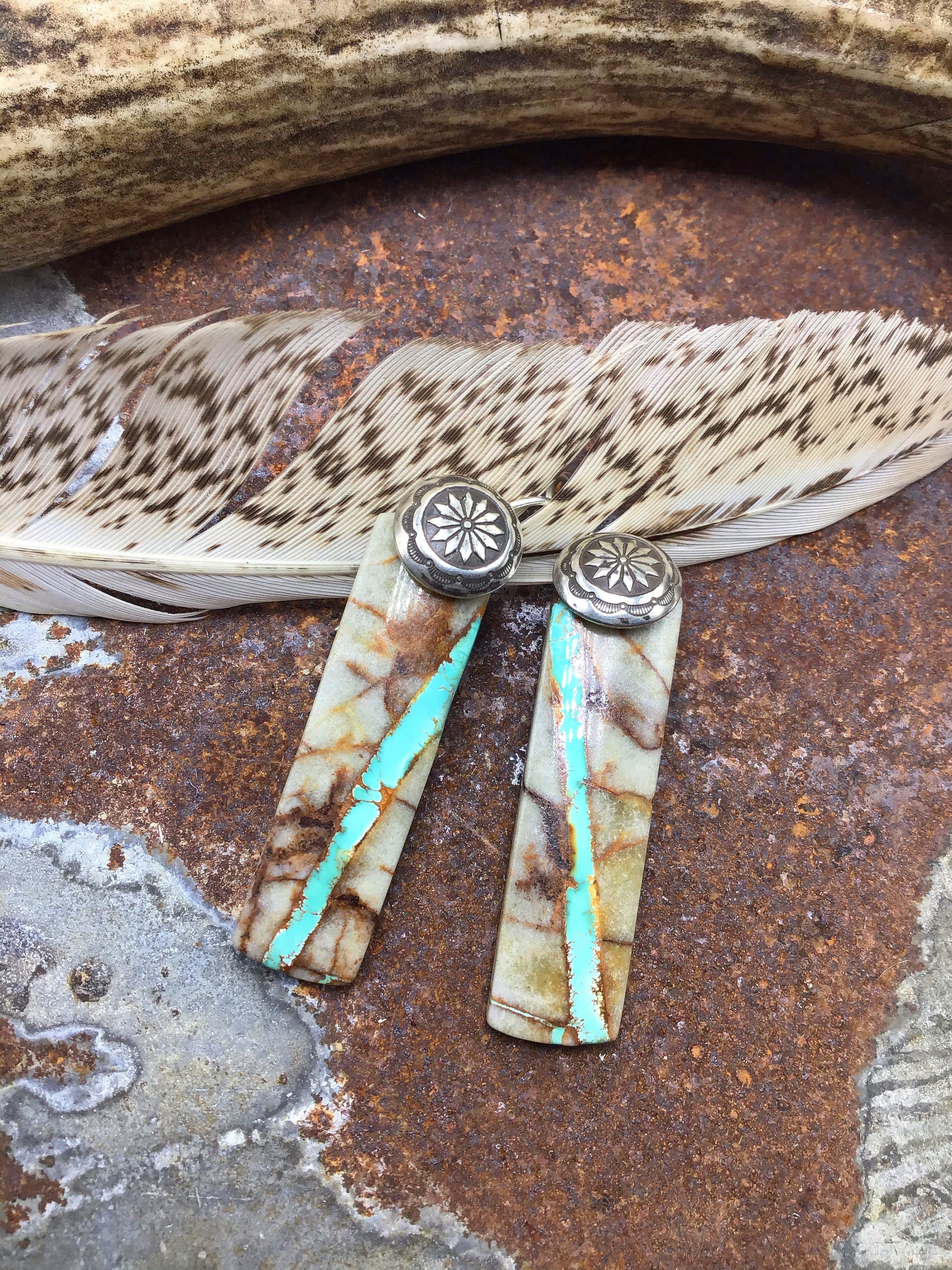 Royston ribbon turquoise cut slab earrings with western style concho ...