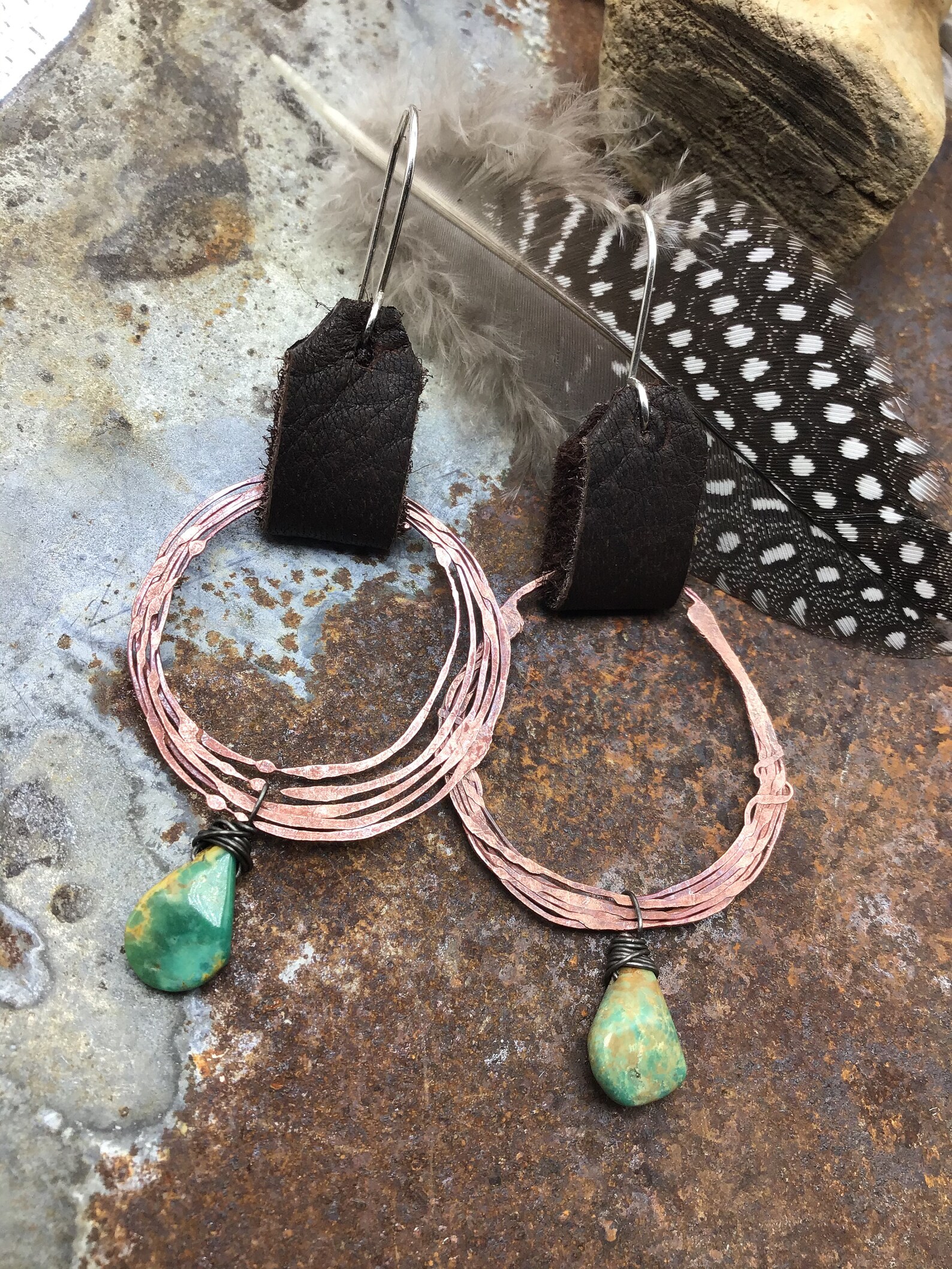Fun and funky leather and copper hammered hoops with a wire | Etsy