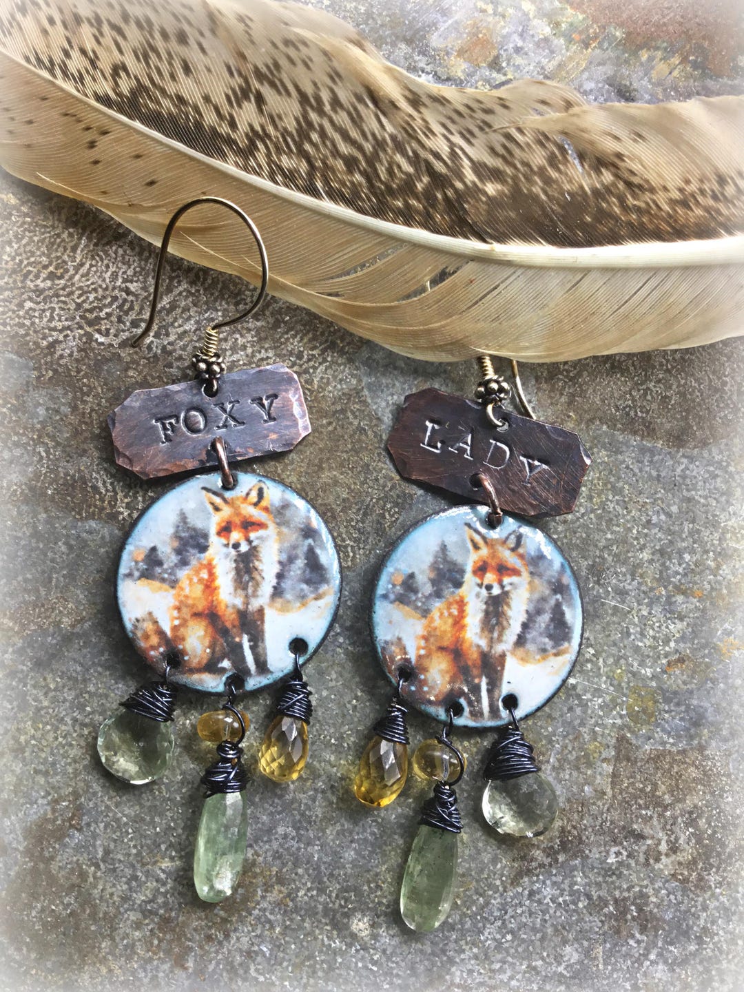 Foxy Lady Enameled Fox Earrings With Green Kyanite,topaz, and Citrine ...
