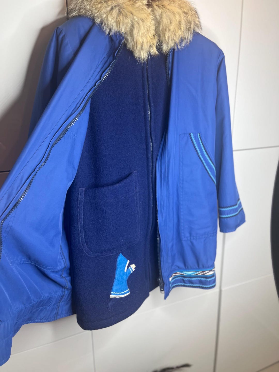 Vintage Inuit Parka Coat Fur Lined Hood Snow Igloo 2 Way Zipper Shell ...