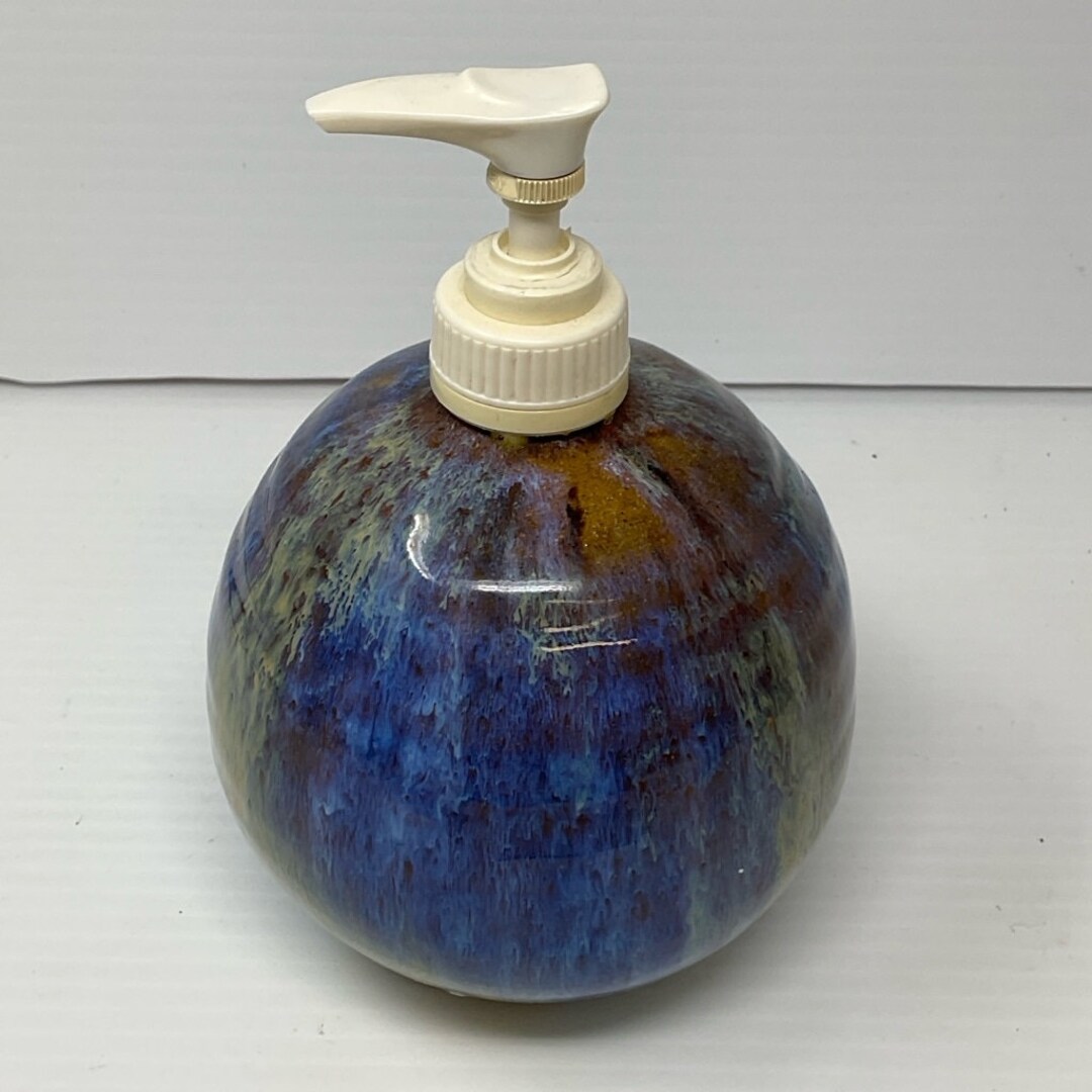 Artist Signed Pottery Soap Pump Blue Green Glazed Vintage Round 70s - Etsy