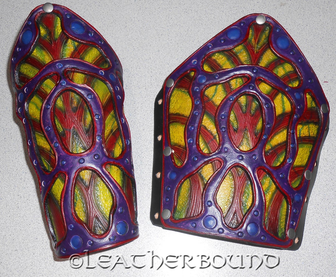 Colorful Bio-tech Leather Tooled Bracers, Vanbracers. Double Layered ...