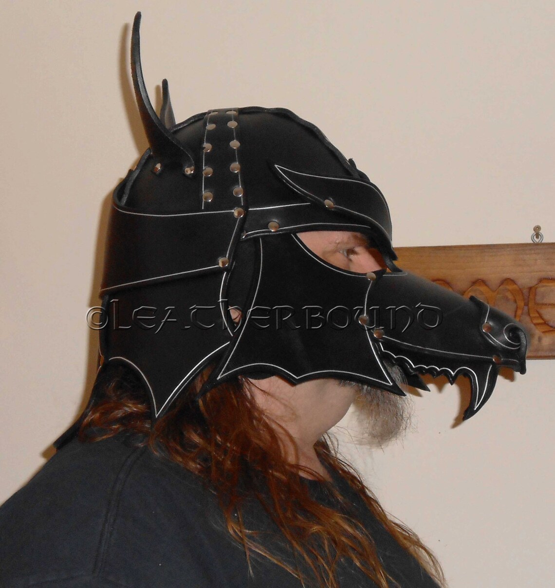 Black Leather Wolf Helm in Heavy 12oz Leather Edged Lined in Silver - Etsy