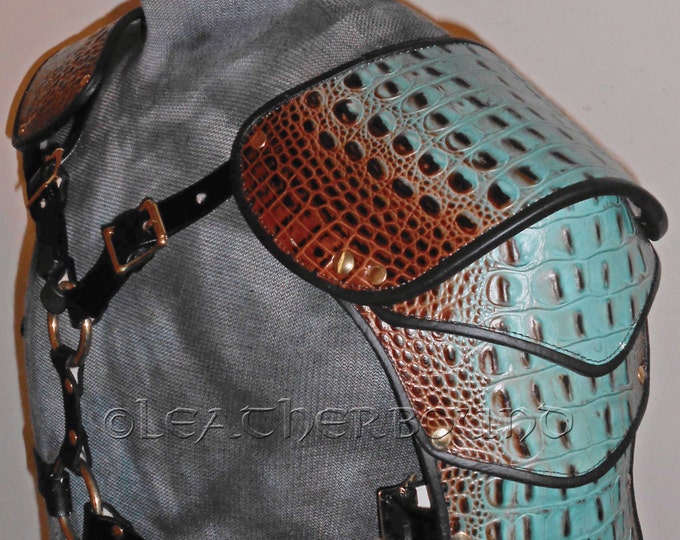 Woman's Leather Pauldrens With Bracers in a Teal and Brown Dragon Print ...
