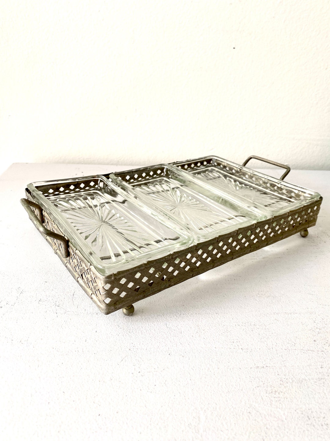 Vintage Condiment Serving Tray With 3 Glass Inserts - Etsy