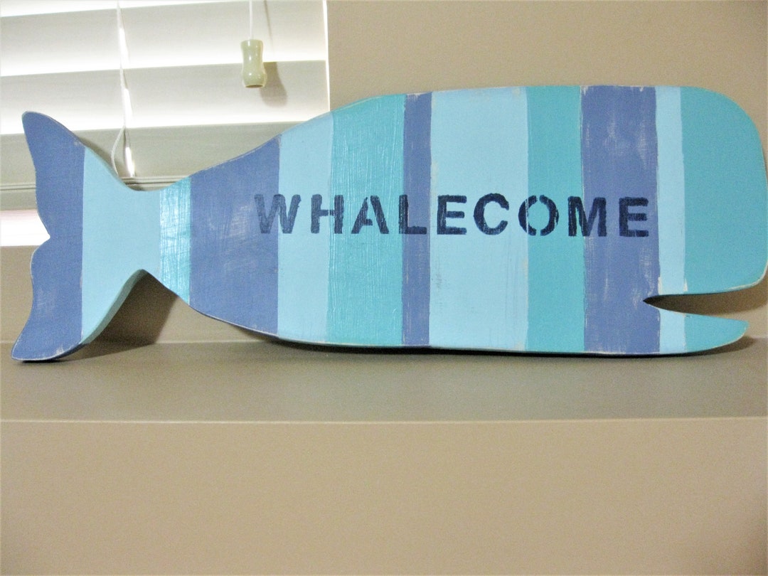 Whalecome Whale Wall Door Sign Rustic Beachy Striped Whale - Etsy