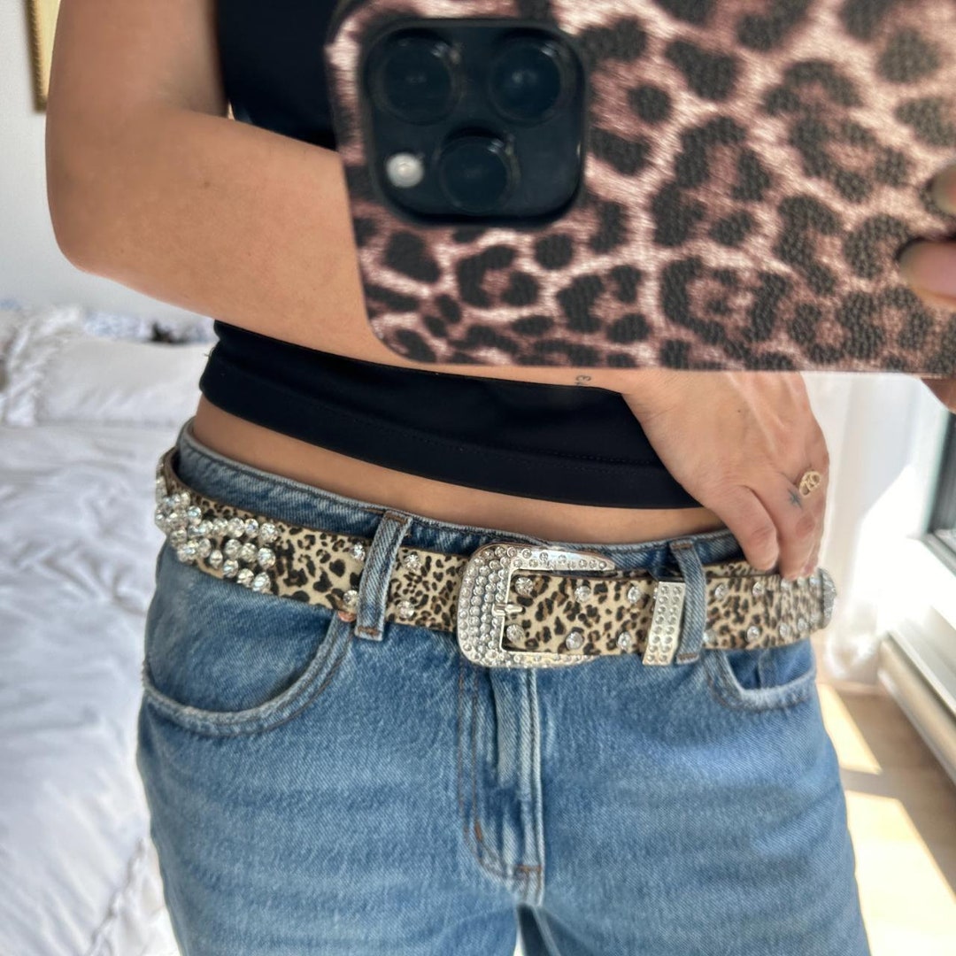 Y2K Vintage Belt Studded Deadstock Cheetah Rhinestone Belt Silver Studded Y2K Unisex Belt ...