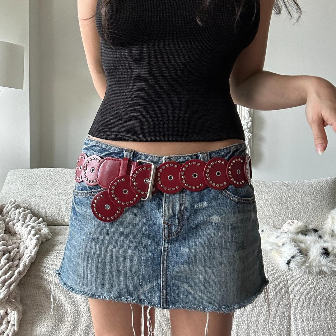 Red Studded Leather Belt Faux Leather Concho Circle Oversized Buckle ...