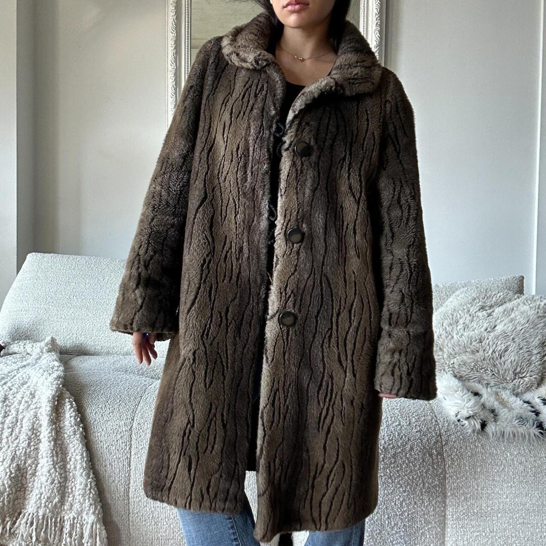 Vintage Faux Fur Coat Brown Maxi Long Length Winter Coat Button up ...