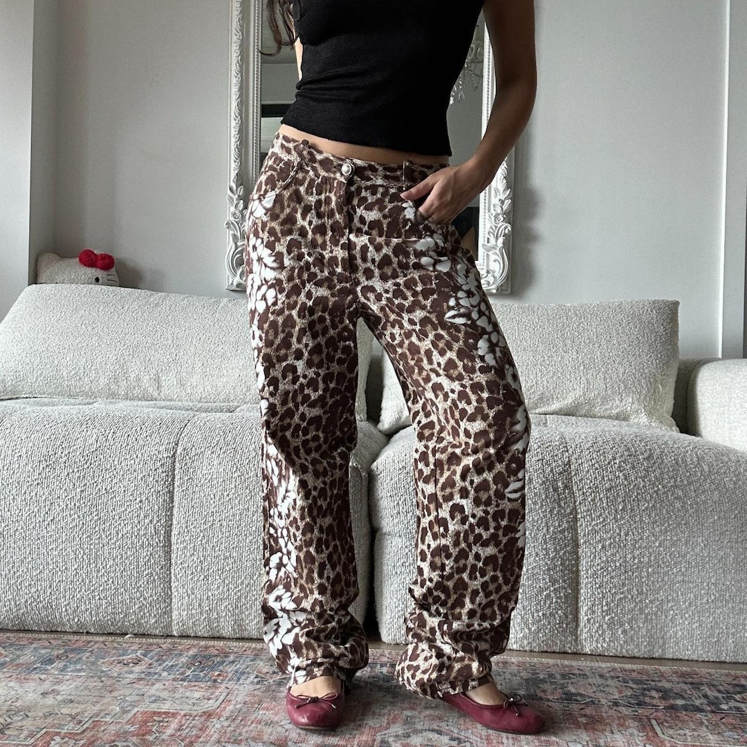Cheetah Print Jeans Low Rise Baggy Denim Floral Print Funky Cool Pants ...