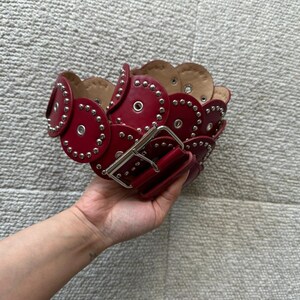 Red Studded Leather Belt Faux Leather Concho Circle Oversized Buckle ...