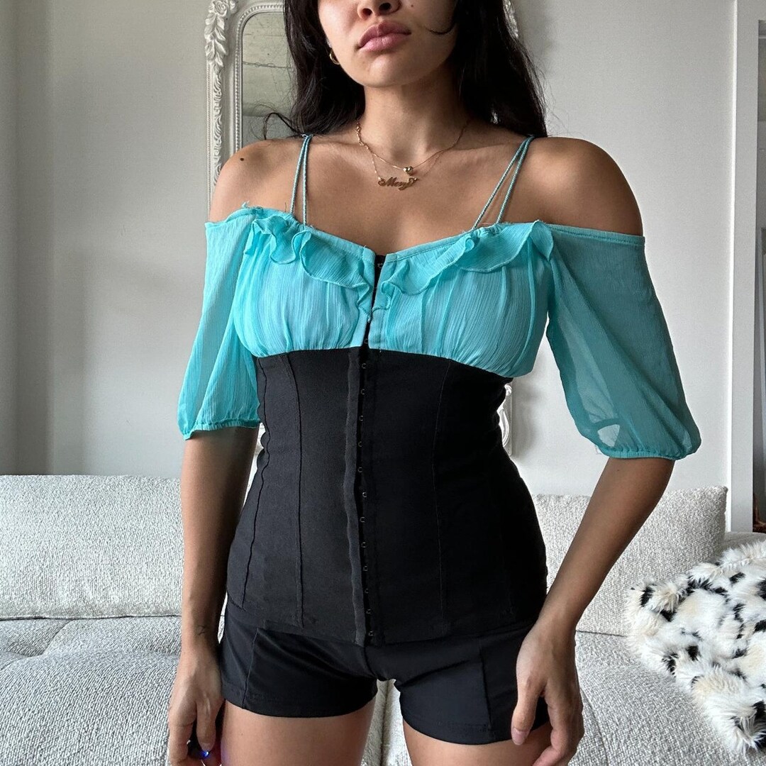 Y2K Bustier Top Turquoise Mesh Corset Top Ruffle Trim Coquette ...