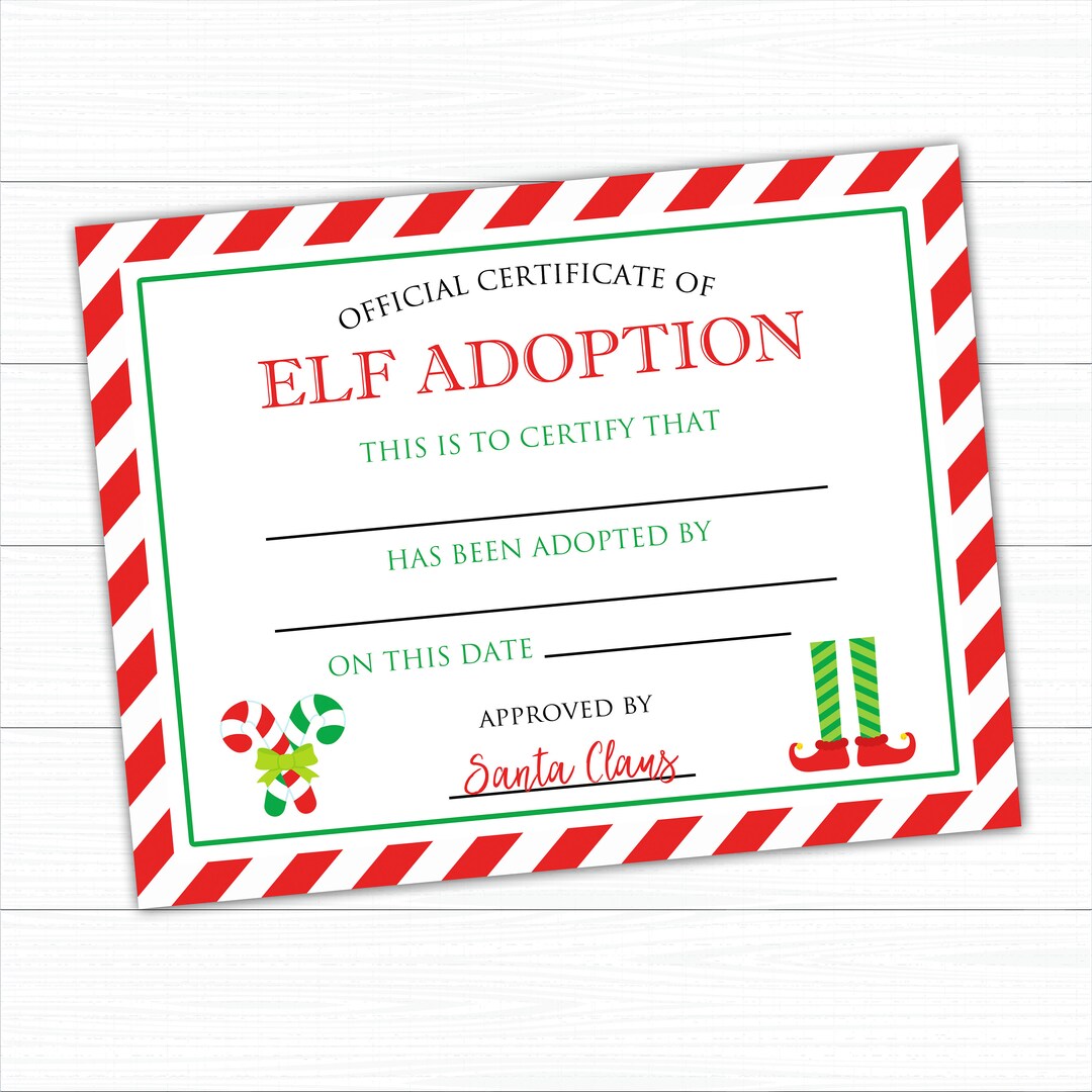 PRINTABLE Elf Adoption Certificate, Instant Download Elf Adoption ...