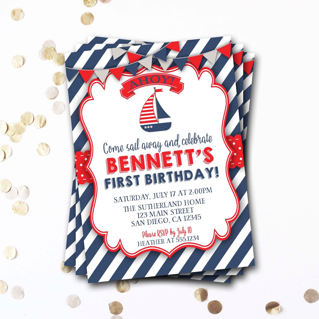 Nautical Birthday Invitation, Nautical First Birthday, Sailboat ...