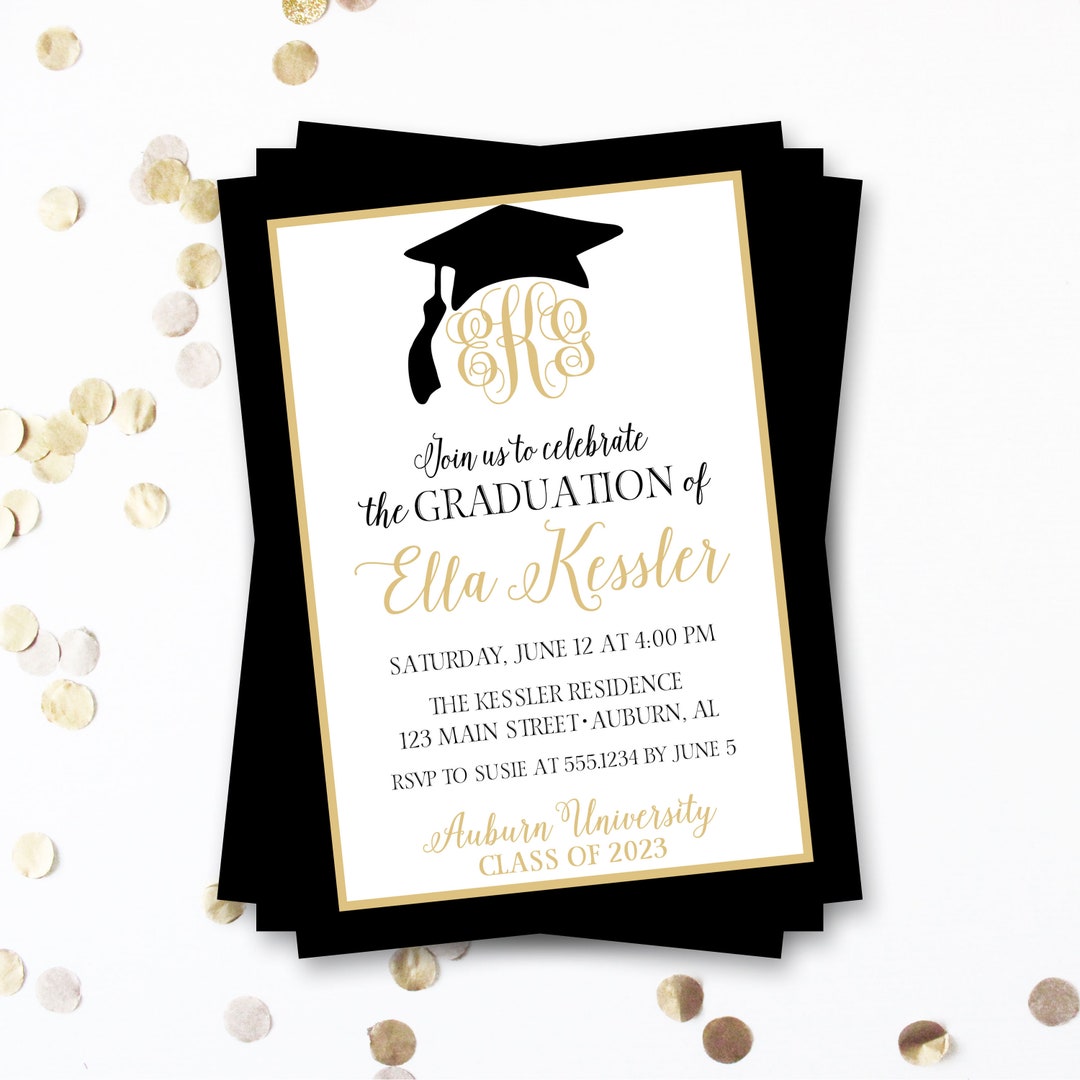 Monogram Graduation Invitation: Black and Gold (digital or Printed) - Etsy