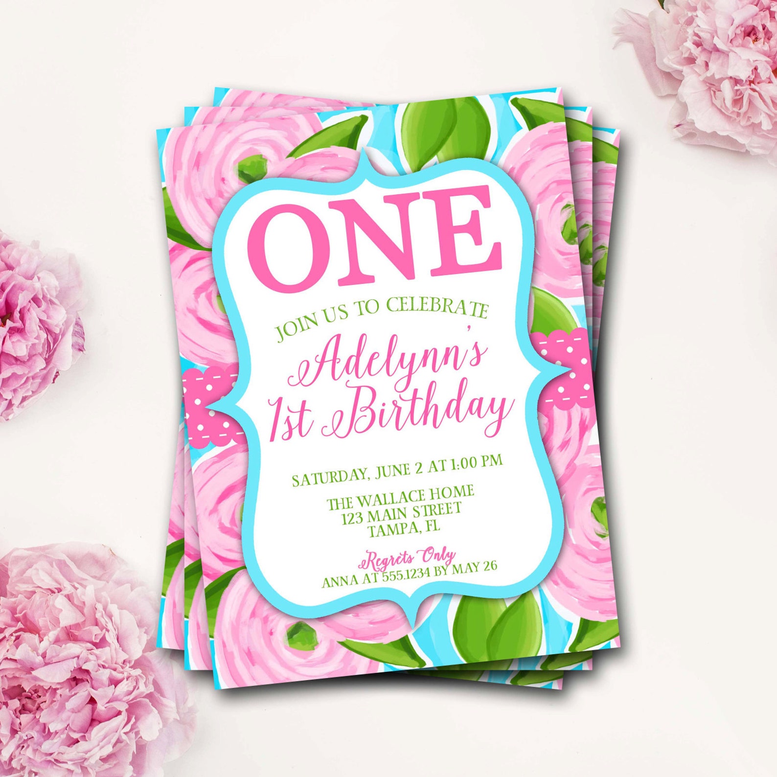 Pink Floral Birthday Invitation Pink Flower Birthday - Etsy