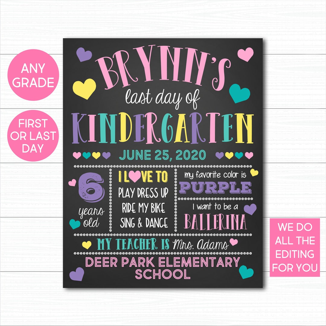 Last Day of School Sign PRINTABLE, Girl Last Day of School Sign, Hearts ...