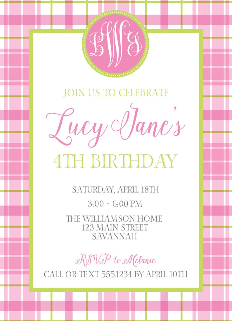 Birthday Invitation Monogram Birthday Invitation Preppy | Etsy