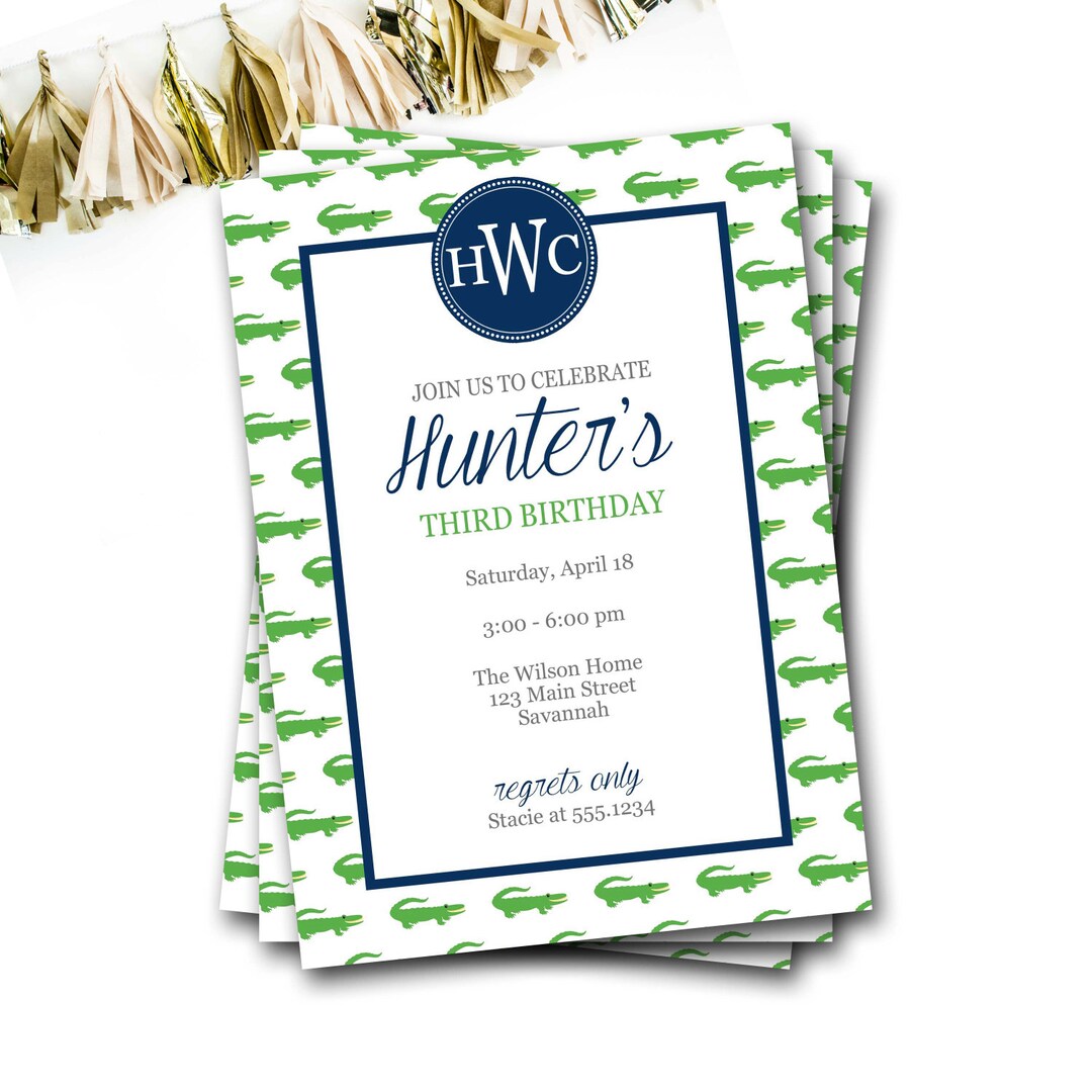 Alligator Birthday Invitation, Monogram Birthday Invitation, Preppy ...
