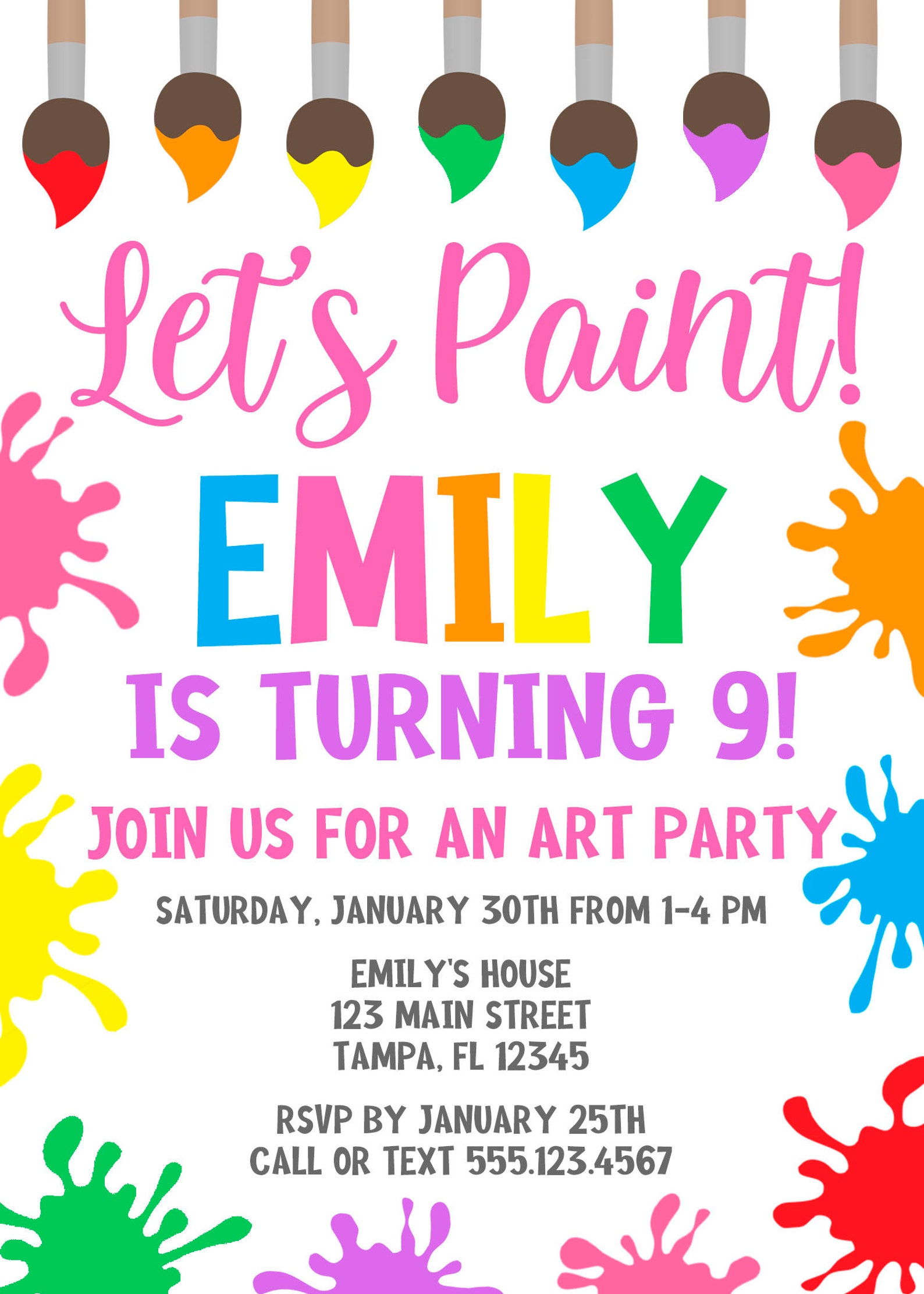 Art Birthday Invitation: Rainbow Paint Splatter (digital or Printed) - Etsy